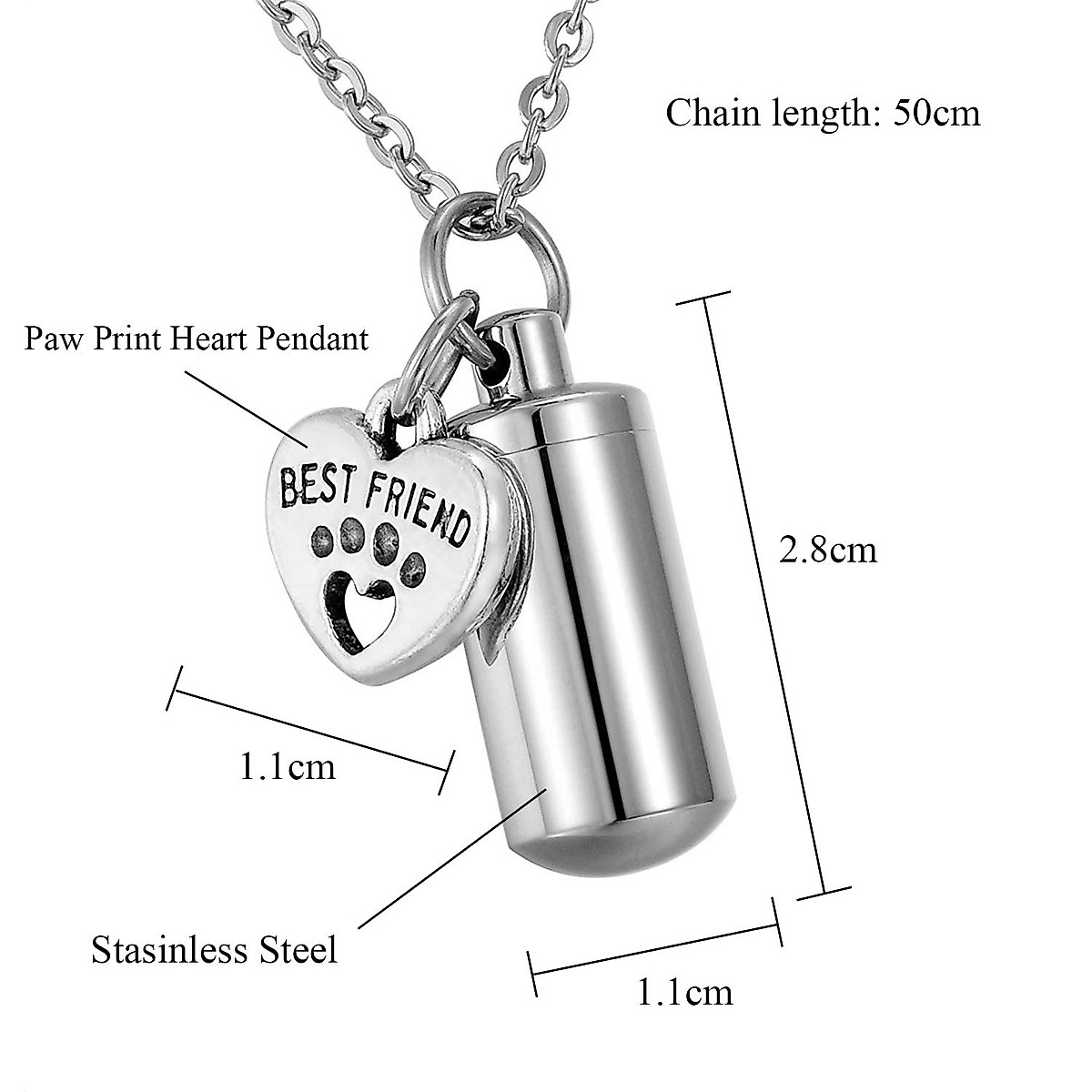 TTVOVO Pet Cremation Urn Necklace for Ashes Memorial Keepsake Ashes Holder Urn Locket Best Friend Dog Paw Urn Cylinder Necklace with Angel Wing Charm Pendant Necklace for Men Women Remembrance Jewelry