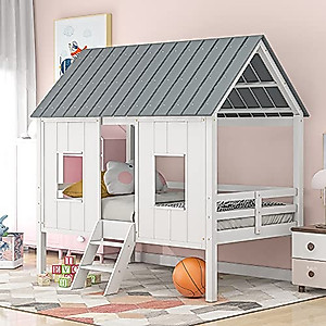 Merax Twin Size Wooden House Bed, Low Loft Bed Frames with Two Front Windows and Roof for Girls and Boys, White(Grey Roof)