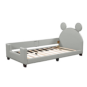 Acosure Twin Size PU Leather Upholstered Daybed with Carton Ears Shaped Headboard,Cute Wood Bed-Frame for Boys Girls,Children Bedroom Furniture,Easy to Assemble,Grey