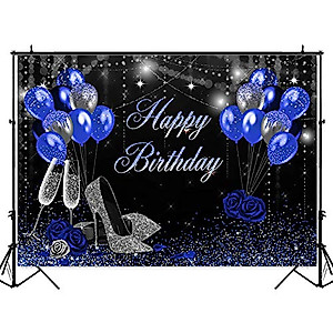 Mocsicka Blue and Birthday Backdrop for Women Silver High Heels and Blue Balloons Birthday Party Decoration for Girl Blue Rose Happy Birthday Party Banner Supplies (7x5ft (82x60 inch))