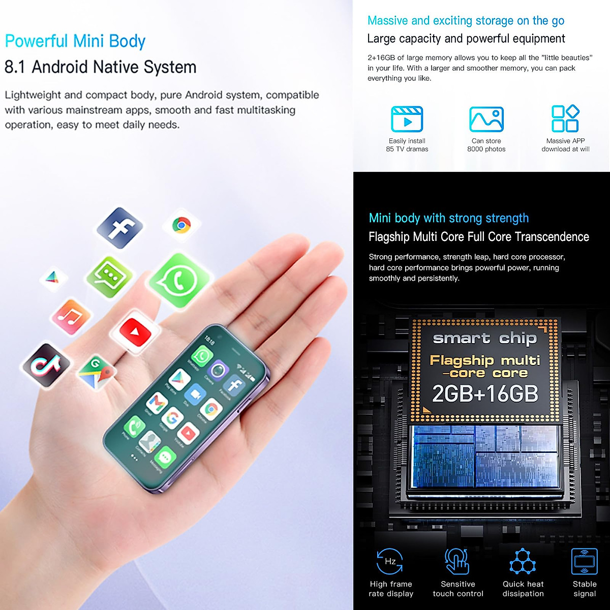 SOYES XS15 Mini Smartphone 3.0 Inch 3G WCDMA MTK6580 Quad Core Android 8.1 Mobile Phone WiFi GPS 2GB RAM 16GB ROM Dual Sim Google Play Cute Card Cellphone (Blue)