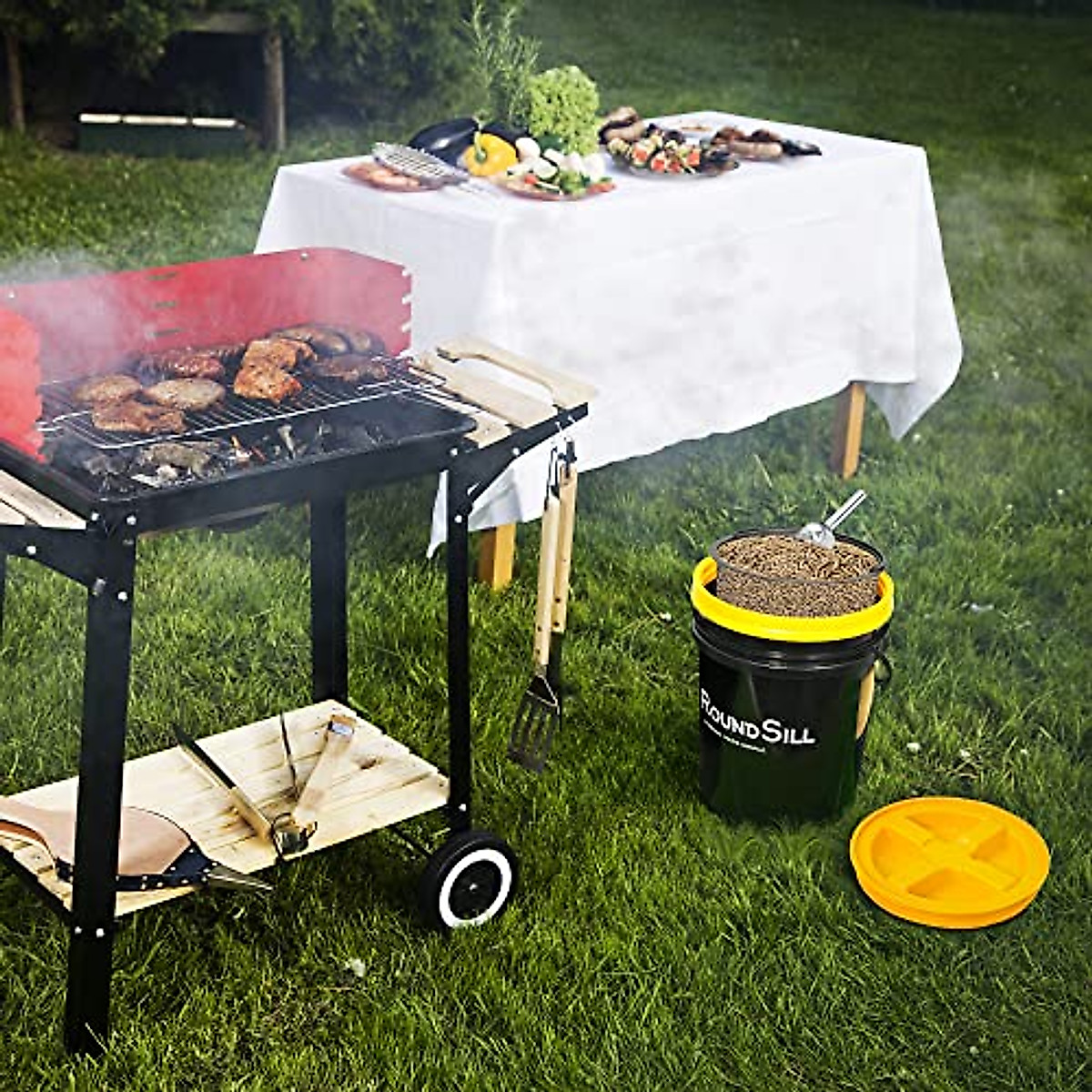 ROUNDSILL Wood Pellet Storage Containers for Smoker - XL 20LB Grill Bucket with Lid, Dust Sifter, Scoop, Aroma Lock Gamma Lid Accessories Holder Organizer