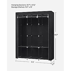 SONGMICS Portable Closet, Wardrobe Closet Organizer with Cover, 3 Hanging Rods and Shelves, 4 Side Pockets, 51.2 x 17.7 x 65.7 Inches, Large Capacity for Bedroom, Living Room, Black URYG092B02