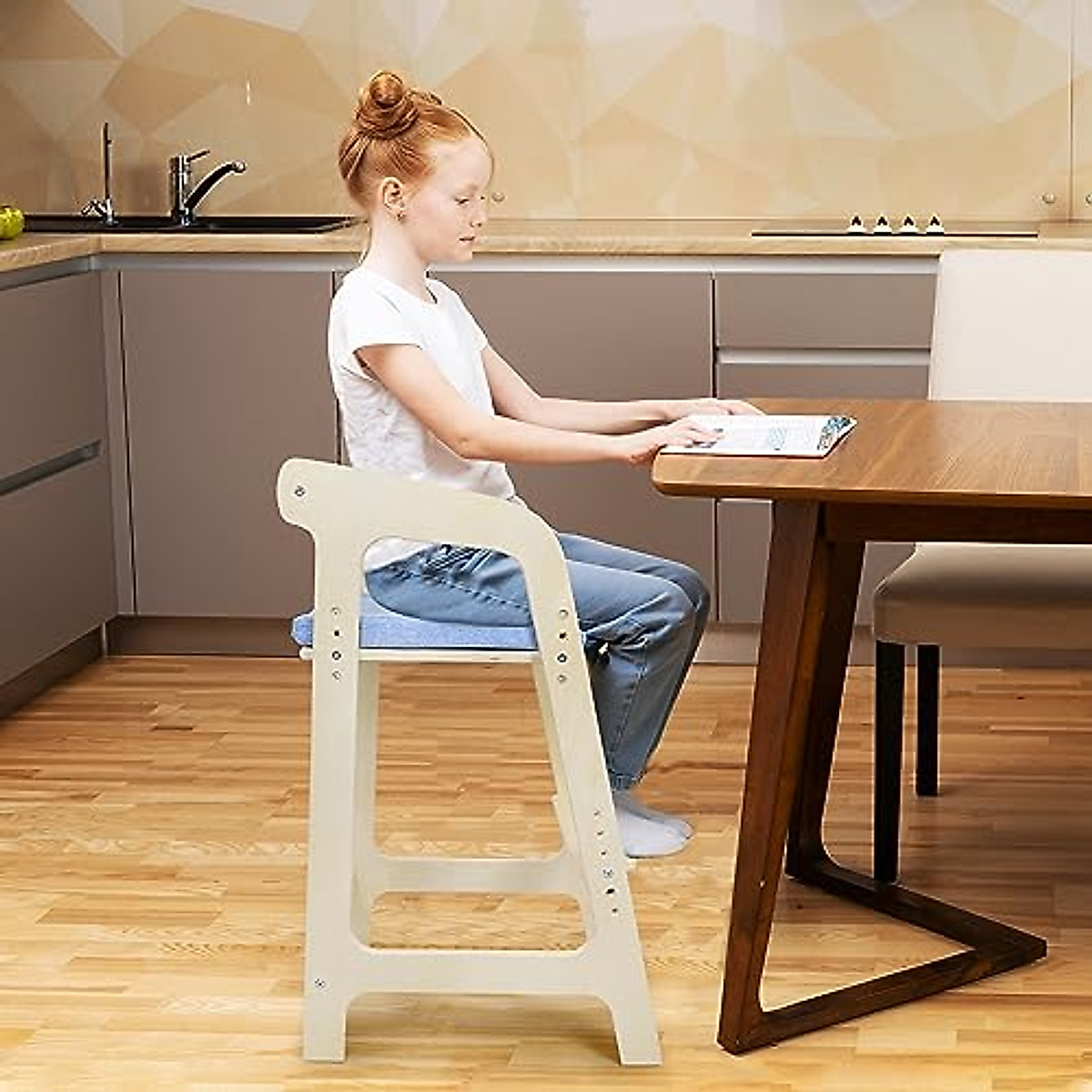 Adjustable Wooden High Chair for Toddlers - Counter Height Dining Chair with Removable Cushion - Perfect for Kids' Dining, Studying, and Feeding