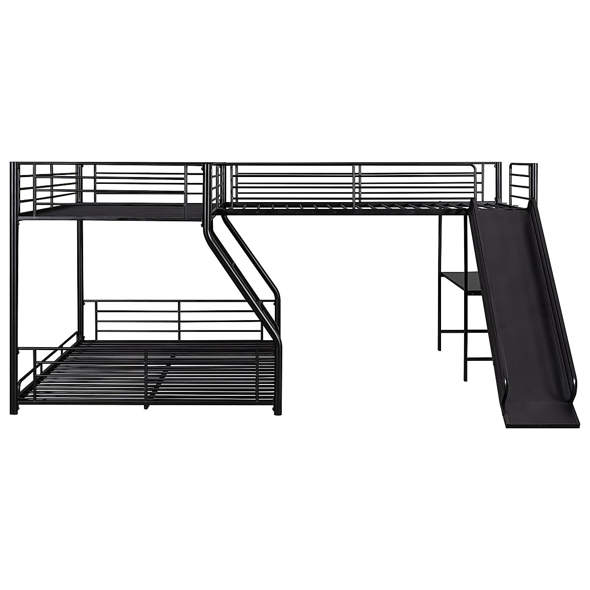 Triple Bunk Beds with Slide L-Shape Low Bed Attached a Loft Desk Twin Over Full Metal Corner 3 for Three Kids Boys Girls Teens, Black