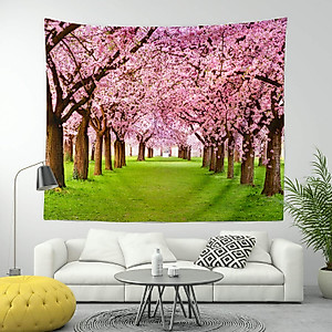 BROSHAN Pink Flower Tapestry Wall Hanging, Nature Floral Bedroom Tapestry Small - Cute Cherry Flowers Trees Garden Scenic Tapestries for Living Room Home Office Dorm Fabric Wall Art Blanket
