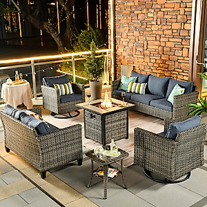 HOOOWOOO Patio Outdoor Conversation Set with Fire Pit Table,6 Piece Modern Outside Furniture with Swivel Rocking Chairs,PE Wicker Out Door Furniture Sofa Set(Denim Blue)