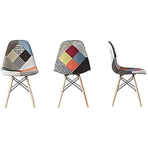 Mid-Century Modern Upholstered Plastic Multicolor Fabric Patchwork DSW Shell Dining Chair with Wooden Dowel Eiffel Legs