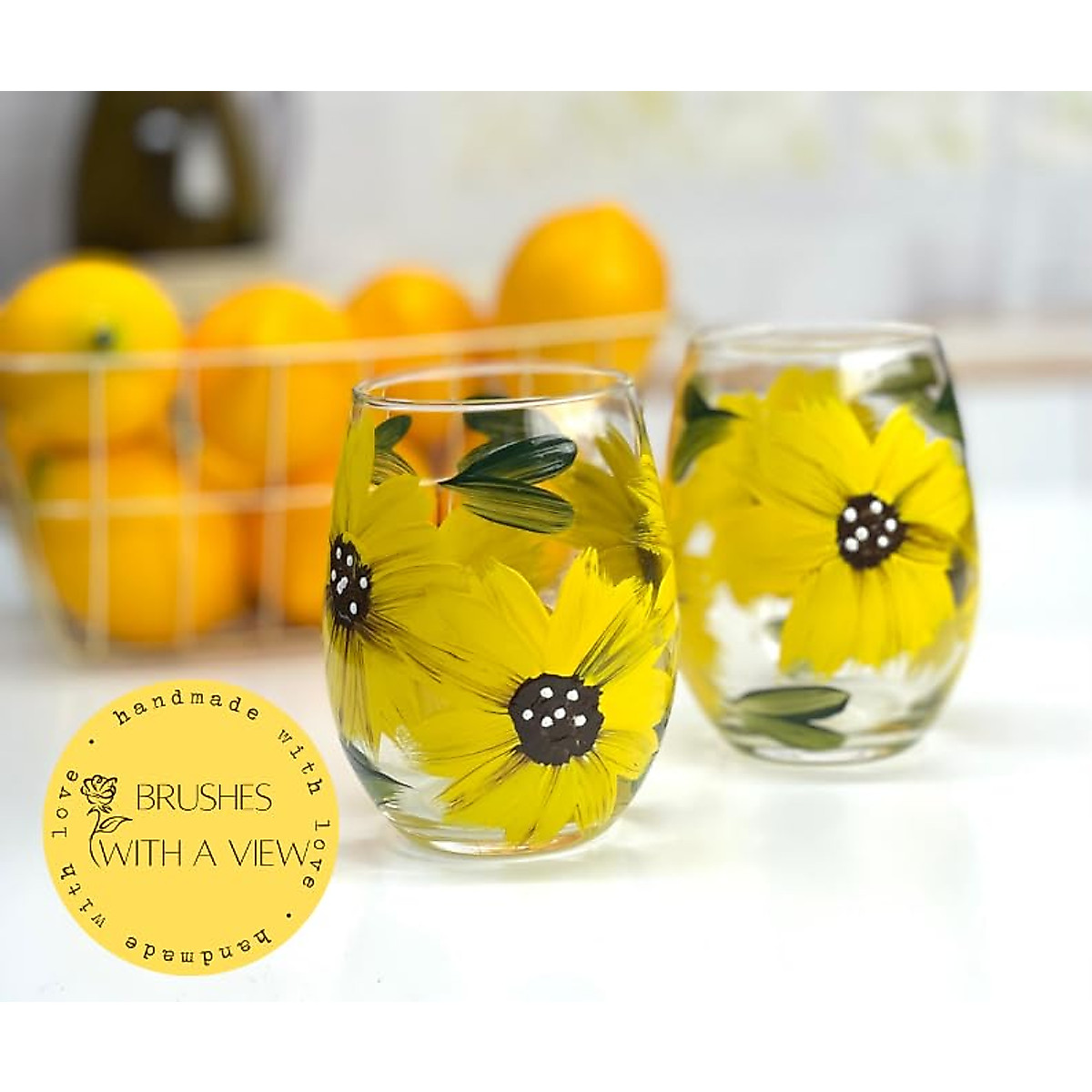 Brushes with a View Handmade Sunflower Stemless Wine Glasses, Gift for Women, Sunflower Kitchen Decor, Rustic Country Farmhouse, Set of 2, Hand Painted