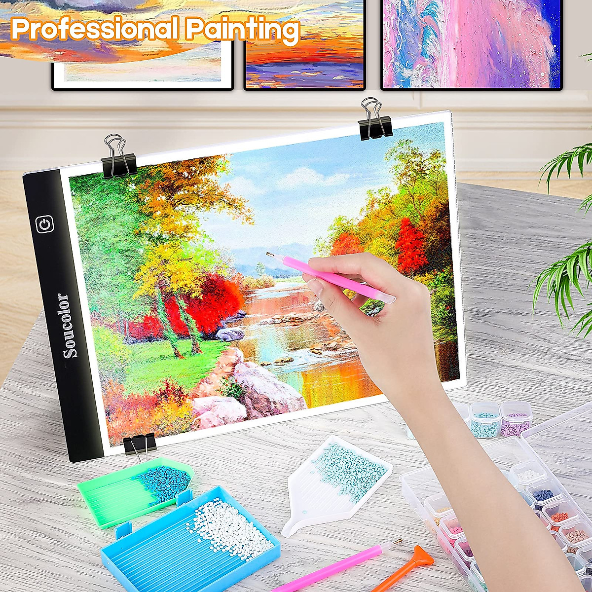 Diamond Painting Accessories and Tools Kits, with A4 LED Light Pad for Diamond Painting, Soucolor Light Board Box Kit Paint Diamonds Set, 5D Diamond Art Dots Supplies Painting for Beginners Adult (A4)