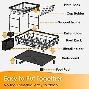 AIDERLY 2 Tier Dish Drying Rack Dish Racks for Kitchen Counter Metal Dish Drainers with Knife Cup Utensil Holder, Black