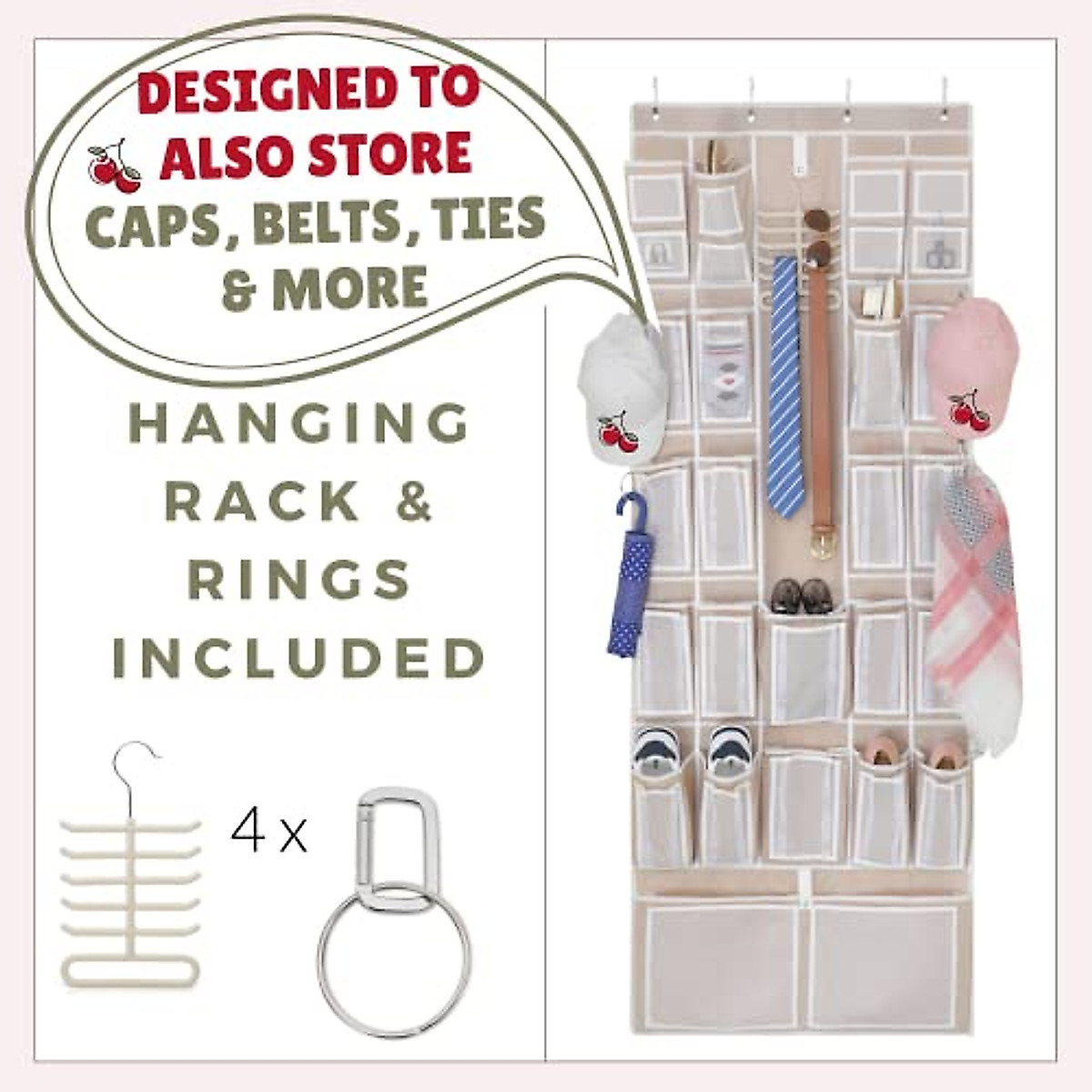 BC BUTLER & CHEF Over Door Shoe Organizer Extra Large With 51 Pockets - With Hanging Rack Rings & Storage Accessories - For Behind Back of Door or Closet, Strong 800D Fabric, Wall Mountable, Holder