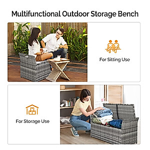 VINGLI 40 Gallon Wicker Storage Bench, Patio Cushion Storage Box with Side Handles, Rattan Deck Box for Garden Tools, Cushions, Outdoor Patio Deck Box for Garden, Poolside, Grey