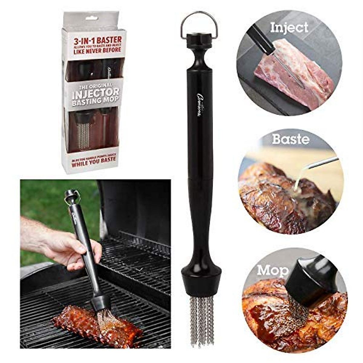 3-in-1 Barbecue Injector Basting Mop - Includes BBQ Chain Basting Brush & Meat Syringe to Baste, Marinate & Inject Food with Flavor - Grilling Accessory for Indoor Outdoor Use- Father's Day BBQ Gift