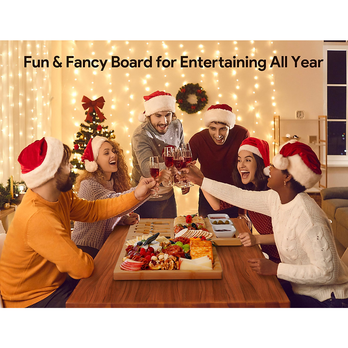 Easoger Bamboo Charcuterie Boards and Knife Set, 3 in 1 Magnetic Extra Large Cheese Board with 3 Bowls, Wedding Gifts, House Warming Gifts for Couples