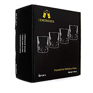 LEMONSODA Crystal Cut Old Fashioned Whiskey Glasses - 10oz Ultra-Clear Premium Lead-Free Crystal Glass Tumbler For Drinking Bourbon, Scotch, Cocktails (Set of 4)
