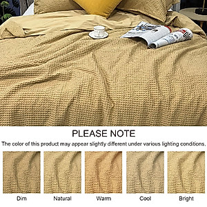 Fredesign Cotton Duvet Cover Queen Size - 100% Cotton Waffle Weave Yellow Duvet Cover Set, 3 Pieces, 1 Duvet Cover with Botton Closure (90" x 90") and 2 Pillow Shams - Comforter Not Included