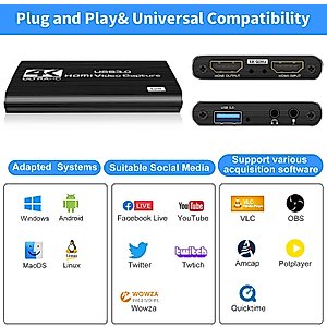 Wiistar USB Video Capture Card 1080P60FPS HDMI to USB 3.0 Audio Video Capture Device with 3.5mm Audio Out and MIC Support HDMI Loopout Game Recorder for PS4 Live Streaming