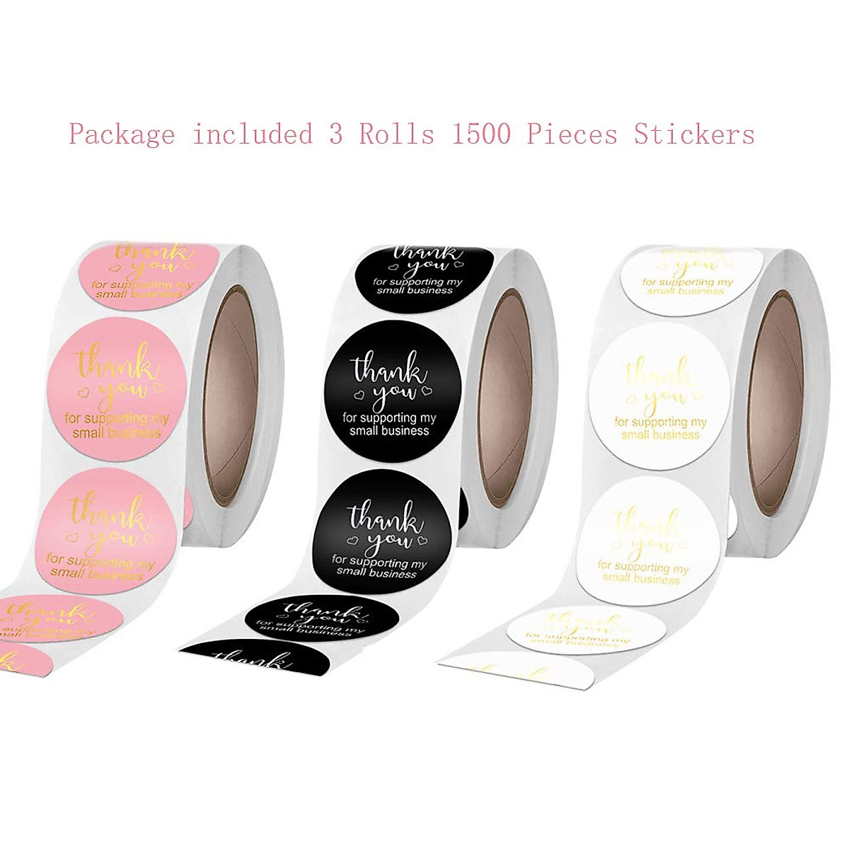 Zamy Thank You Stickers, 3 Rolls 1500 Pieces Self-Adhesive Thank You for Supporting My Small Business Stickers for Envelopes, Bubble Mailers and Gift Bags Packaging, 1 Inch, 500 Pieces Each Roll