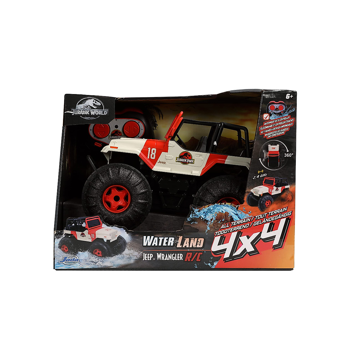 Jada Toys Jurassic World 10.5" Jeep Wrangler Water and Land RC Radio Control Cars, Toys for Kids and Adults