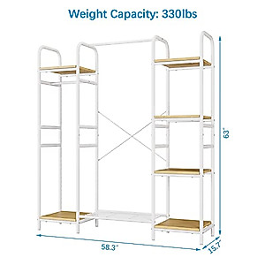 Timate P9 Clothes Rack with Shelves Portable Freestanding Clothing Rack for Hanging Clothes, Heavy Duty Garment Rack with 6 Wood Shelves & 2 Hanging Rod Sturdy Metal Storage Wardrobe for Bedroom White