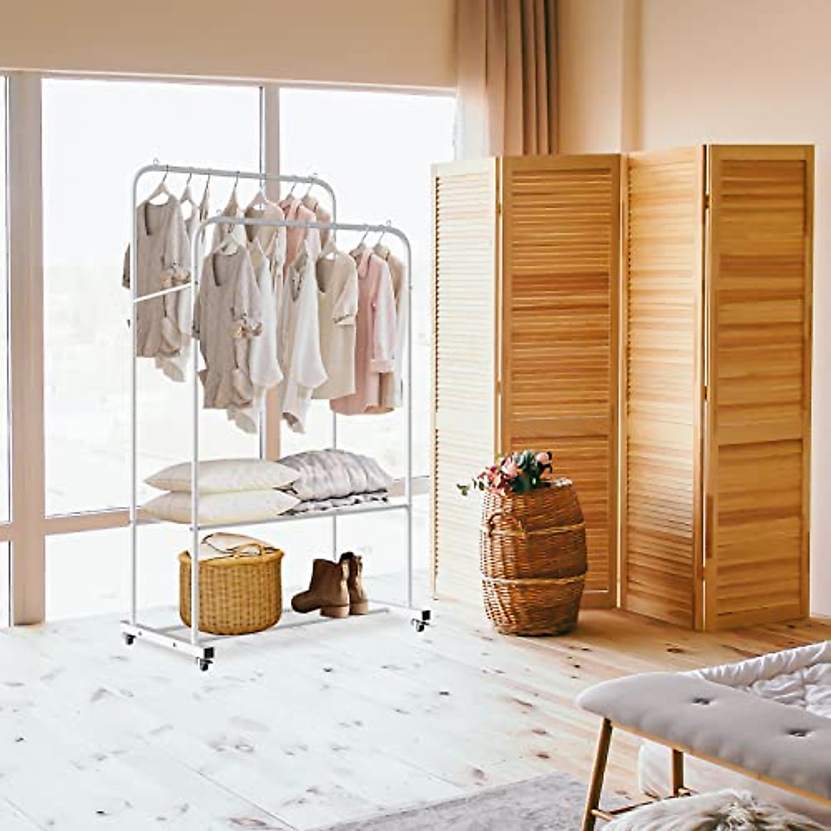 Metal Clothes Hanging Rolling Garment Rack with 2 Tier Shelves and Double Rod, Multi-Purpose Double Rail Standing Closet Storage Organizer, Upgrade Heavy Duty Rolling Pipe Coat Hanger for Boxes Shoes