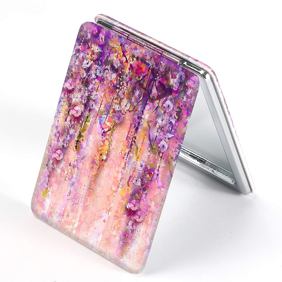 Dynippy Compact Mirror Square Pu Leather Makeup Mirror for Purses Small Pocket Mirror Portable Hand Mirror Double-Sided with 2 x 1x Magnification for Woman Mother - Flower