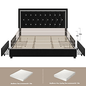 HITHOS King Size Bed Frame with 4 Storage Drawers and Adjustable Headboard, Modern Upholstered Platform Bed with Wood Slat Support, Diamond Button Tufted Design, No Box Spring Needed (Black, King)