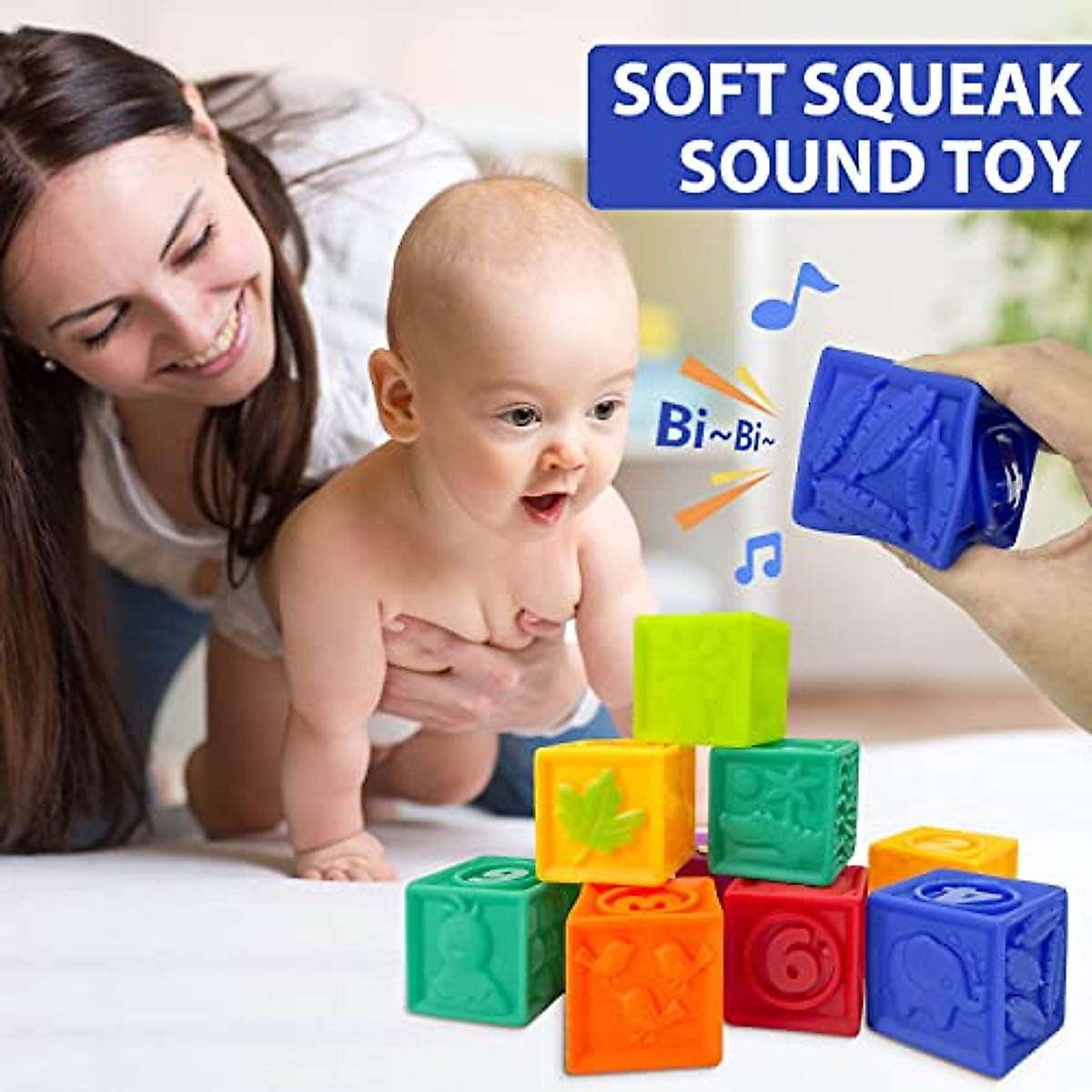 Building Blocks Baby Toys for 3 Months and up, Soft Squeeze Sensory Colorful Teething Chewing Educational Stacking Blocks with 3D Embossed Patterns