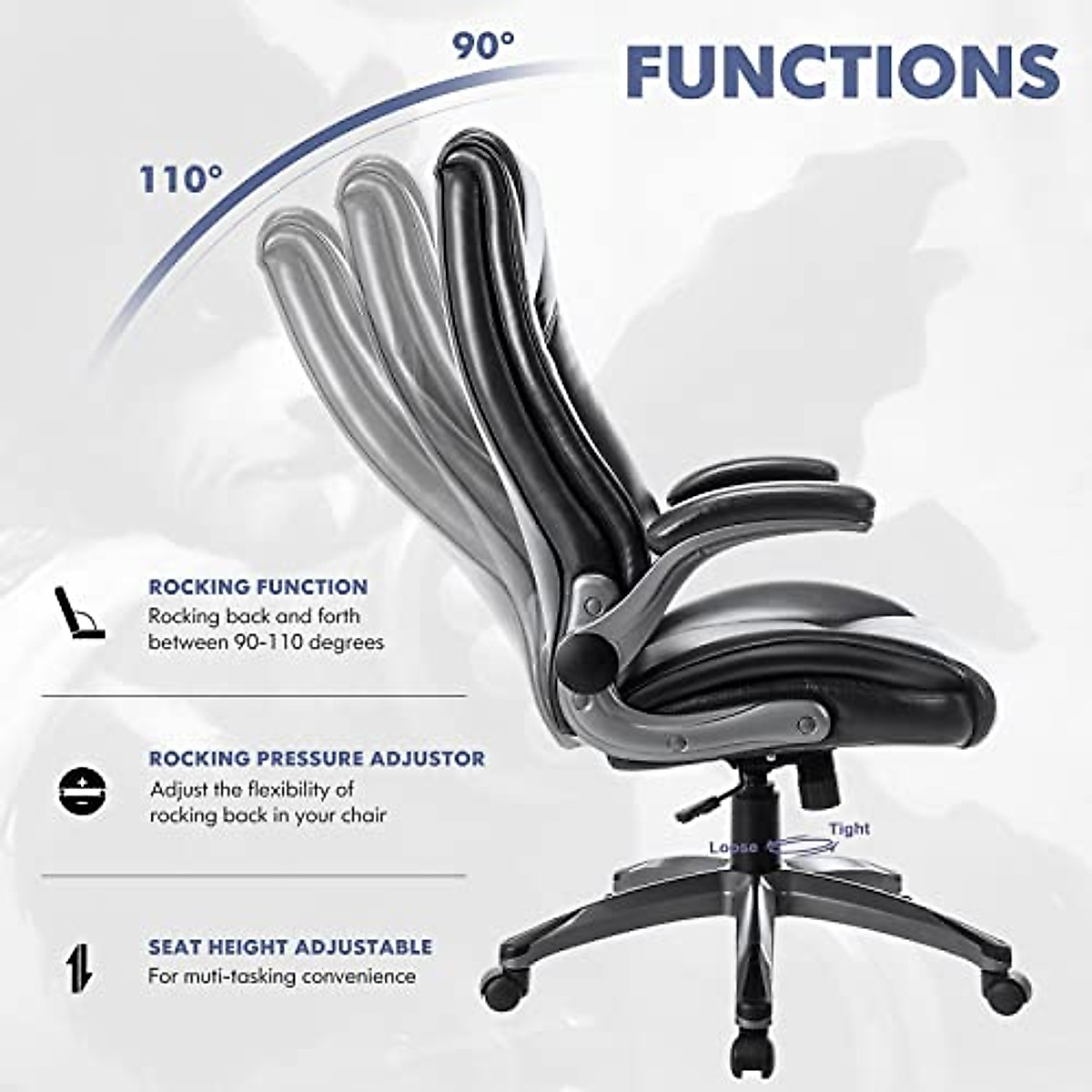 High Back Executive Office Chair-Ergonomic Bonded Leather Computer Chair with Flip-up Arms, Adjustable Tilt Tension, Padded Armrests, Swivel Rolling Home Desk Chair-Black,300lbs