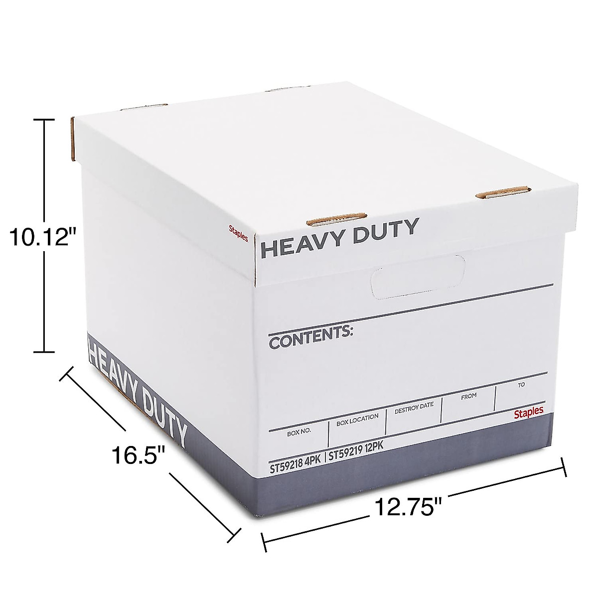 Staples Heavy-Duty Storage Boxes, Top Tab, Stacking Strength 850 lb, White/Gray, 9 3/4"H x 12"W x 15"D, 4/Ct