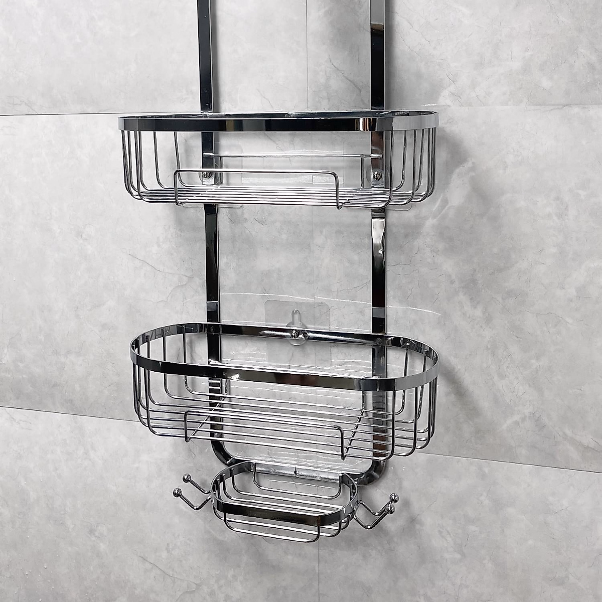 HOPOPRO Hanging Shower Organizer, Over Head Shower Caddy Bathroom Shower Storage Rack Basket with Hooks for Sponge or Towels No Drilling & Rustproof, Chrome