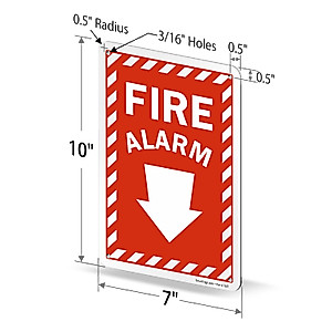 SmartSign 10 x 7 inch “Fire Alarm” Sign with Down Arrow and Pre-Cleared Holes, Digitally Printed, 55 mil HDPE Plastic, Red and white, Made in USA