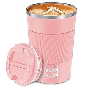 WETOWETO 12 oz Insulated Coffee Cup, Spill Proof Travel Coffee Mug, Vacuum Stainless Steel Coffee Tumbler, Coffee Mug with Lid, Portable Thermal Mug, Reusable Travel Coffee Cup(Pink)