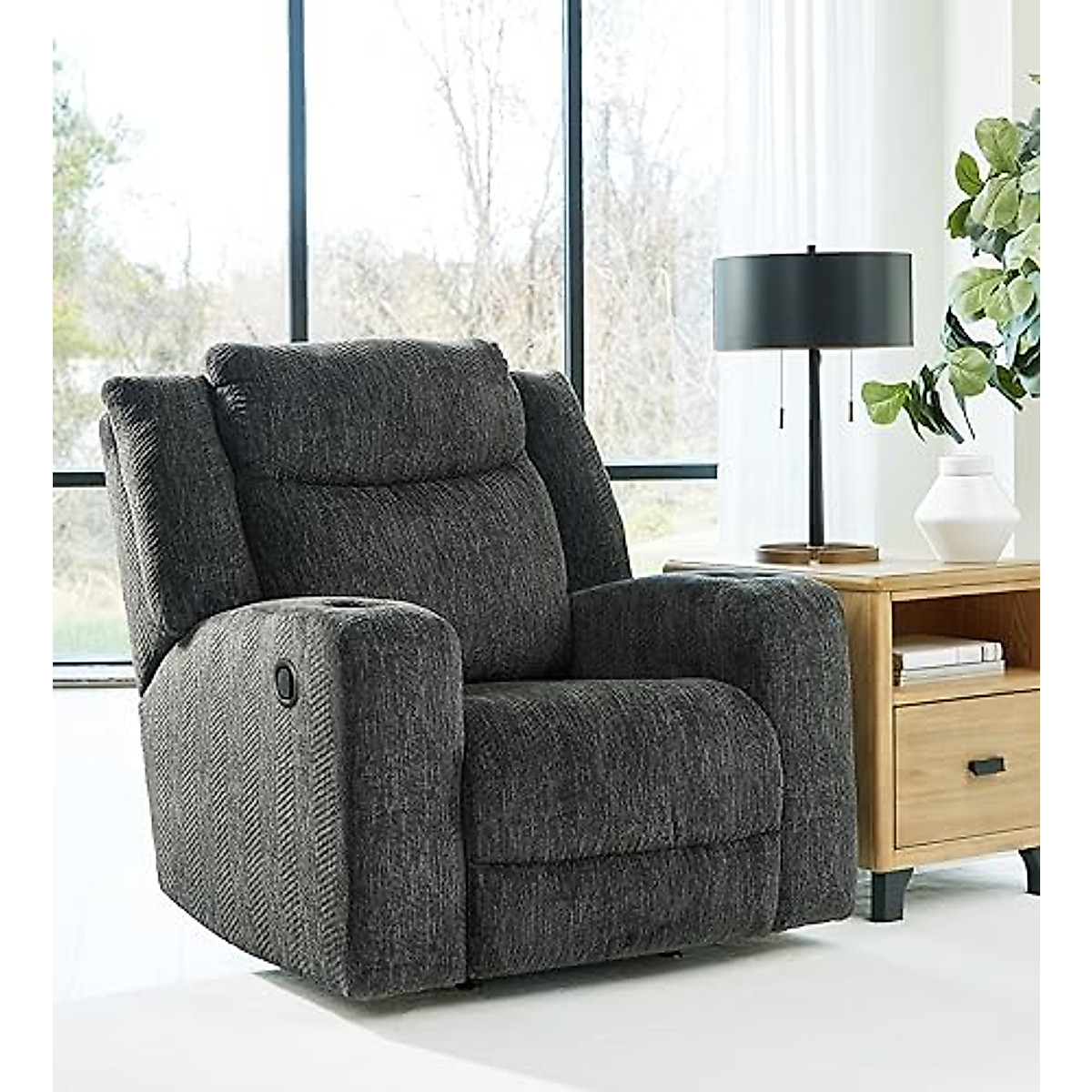 Signature Design by Ashley Martinglenn Modern Chevron Velvet Manual Rocker Recliner with Cup Holders, Black