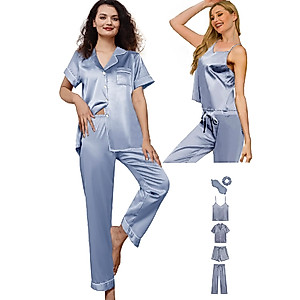 WJing Yi Jia 6Pcs Womens Silk Satin Pajama Sets Pj Sets Short Pjs Set Pajamas Sleepwear Camisole Sexy Cami Dusty Blue