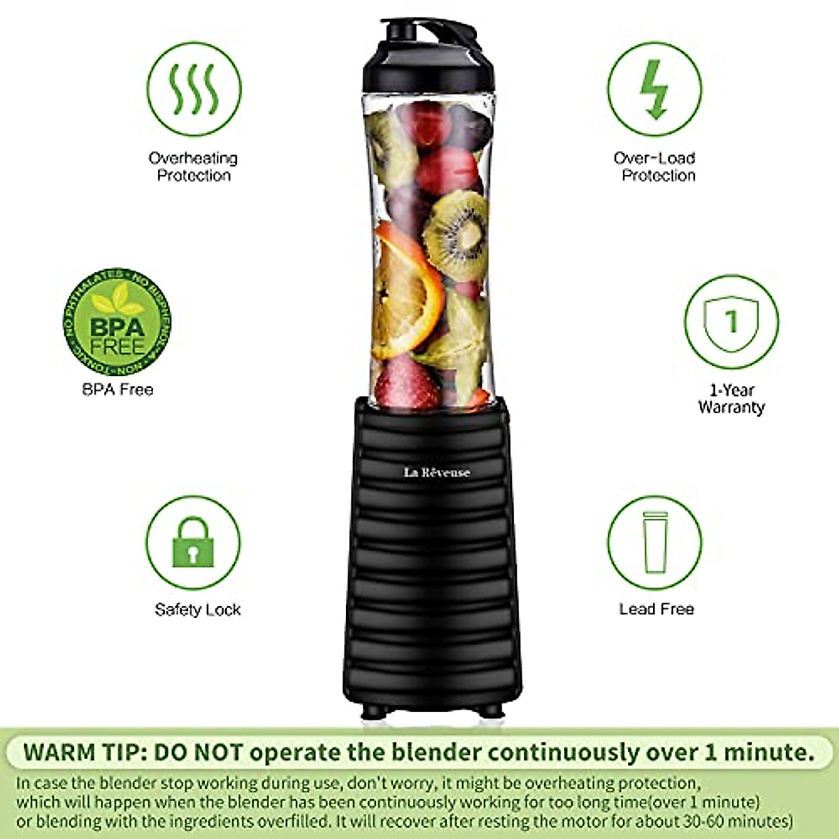 La Reveuse Smoothies Blender 300 Watt with 18 oz BPA Free Portable Travel Sports Bottle (Black)