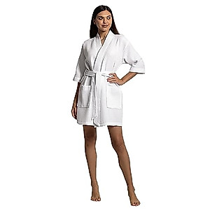 Chakir Turkish Linens Lightweight - Quick Dry Waffle Knit Bath, Spa and Bridesmaids Kimono Short Robe (White, One Size)