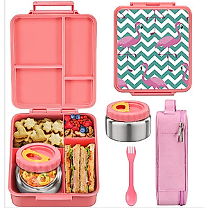 MAISON HUIS Bento Lunch Box for Kids With 8oz Soup Thermo, Leakproof Lunch Compartment Containers with 4 Compartment Bento Box, Thermo Food Jar and Lunch Bag, BPA Free,Travel, School(Flamingos)