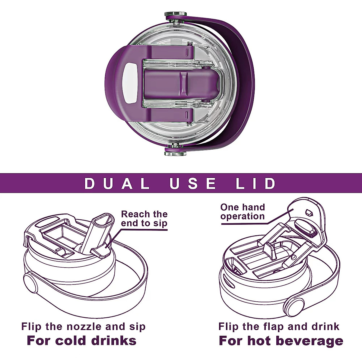 ZLINS 22oz Insulated Water Bottle with Dual Use lid(Straw Sip and Flip Drink), Leak Proof Stainless Steel Thermos Cup for Sports and Travel, Double Walled Vacuum Flask, Keep Cold or Hot(Purple)