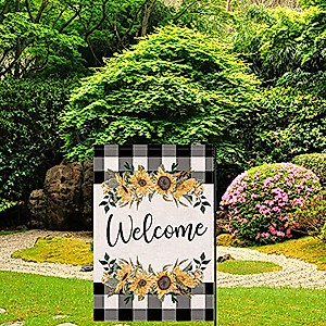 LARMOY Spring Summer Welcome Garden Flag for Outdoor,12×18 Double Sided Black and White Buffalo Plaid with Sunflowers,Small Yard Flags for All Seasons,Seasonal Farmhouse Outside Holiday Decor