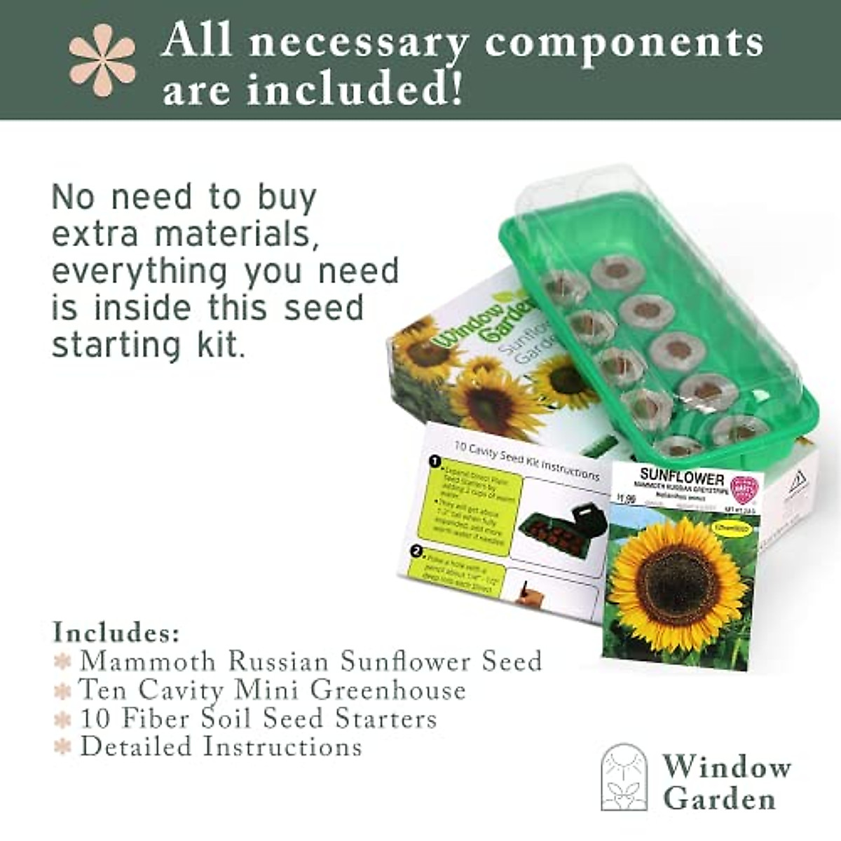 Window Garden Mammoth Sunflower Grow Kit - Giant Sunflower Planting Seeds Starter Pack - Germinate Seeds on Your Windowsill, Mini Greenhouse System - with 10 Fiber Soil Seed Starters