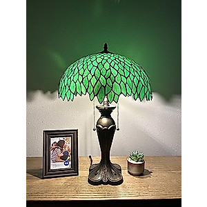 Enjoy Tiffany Style Table Lamp Green Stained Glass Leaves Included LED Bulbs Vintage for Living Room Dining Room Bedroom Bedside Office Hotel H24*W16 in