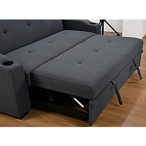 ZIGHTH 75'' Convertible Queen Size Sleeper Sofa Bed with Cup Holders, Modern Linen Loveseat Sofa Couch with Pull Out Bed and Adjustable Backrest for Living Room, Apartment, Bedroom. Dark Blue