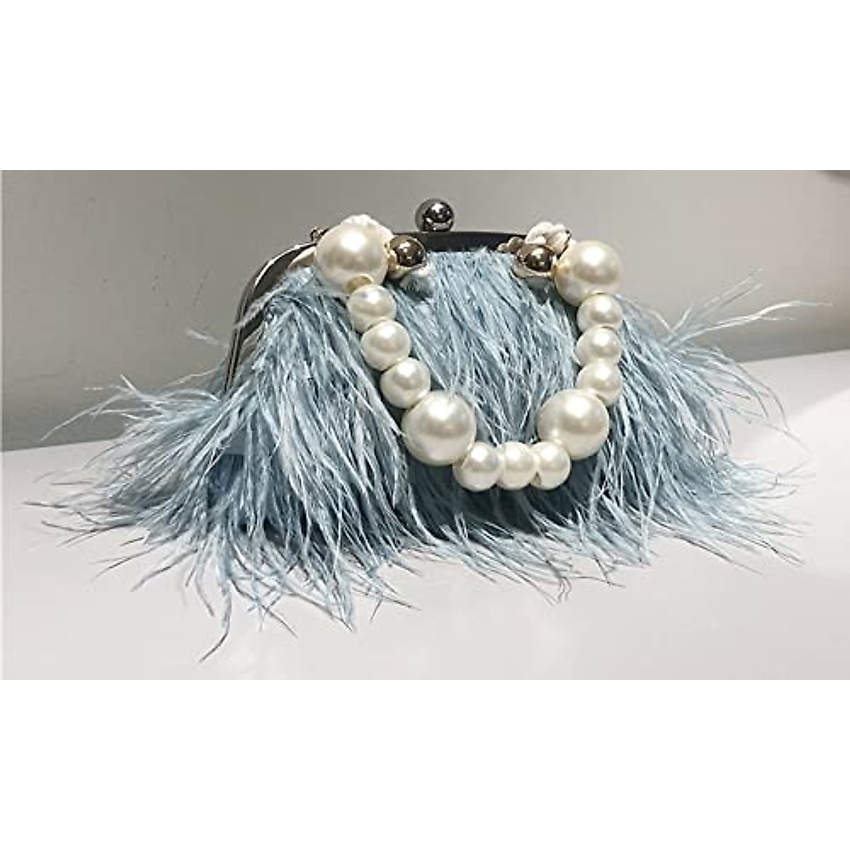 Vintage Fluffy Ostrich Feather Evening bags and Clutches for Women Pearl Chain Tote bags Bridal Purses Wedding Party Blue