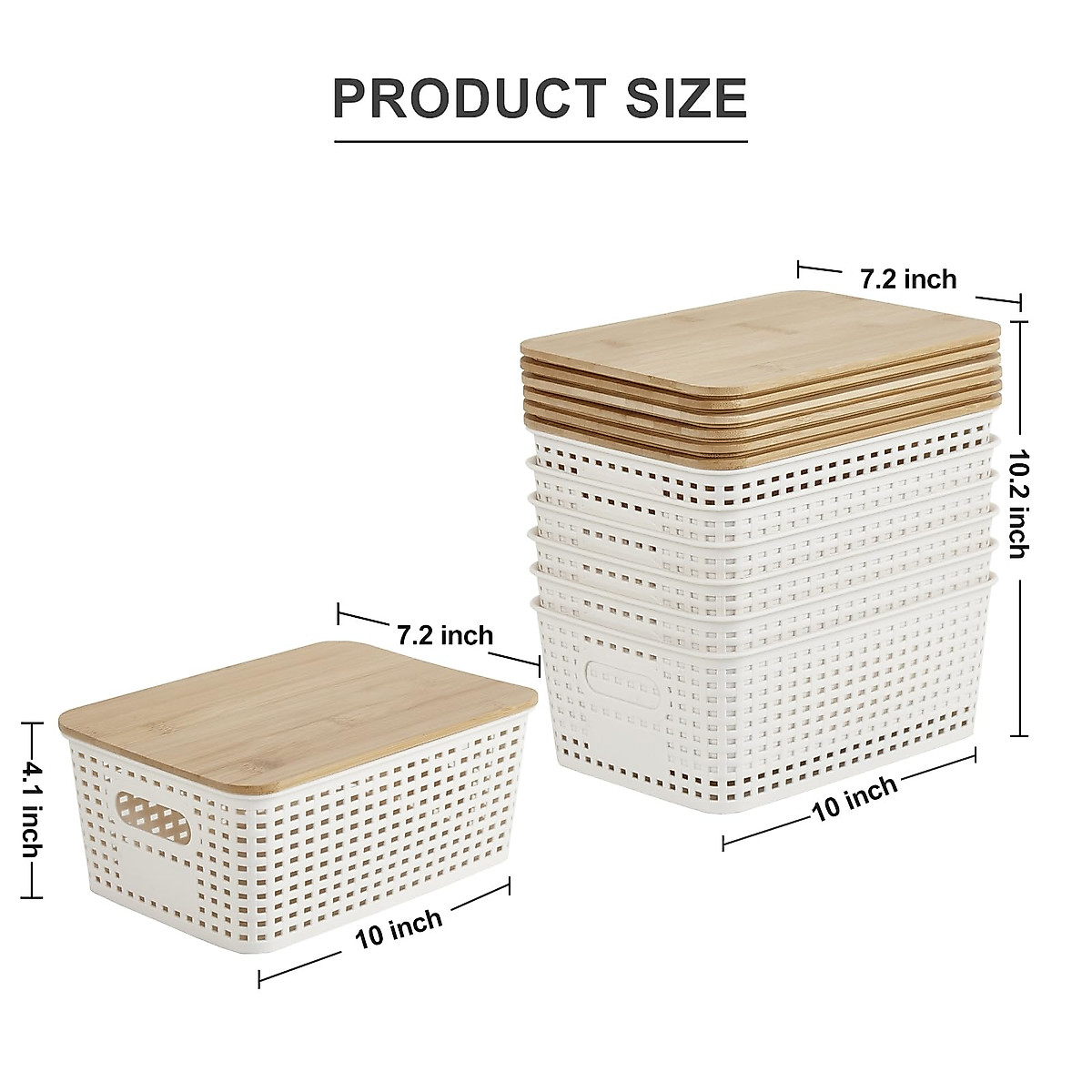 Bagnizer Small Plastic Storage Bins with Bamboo Lids 5.2qt Stackable Box Basket Pantry Decorative Containers Cute with Lable for Organizing Desktop Closet Office Cream White of 6 packs 10*7.2*4.1'’