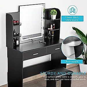 VIVOHOME Makeup Vanity Table Set with 3-Color Dimmable Lighted Mirror, 6 Storage Shelves, 2 Drawers, Cushioned Stool, Black