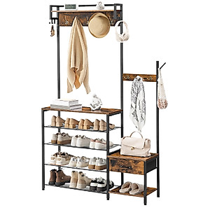 HOOBRO Hall Tree, Entryway Coat Rack Shoe Bench, Shoe and Coat Rack for Entryway, Hall Tree Coat Rack, with Non-Woven Fabric Drawer, for Entrance, Foyer, Rustic Brown and Black BF113MT01