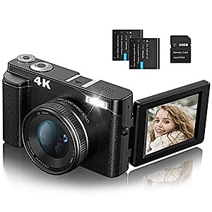 4K Digital Camera, 48MP Autofocus Video Camera with 3" 180°Flip Screen 32GB SD Card, 16X Digital Zoom, Compact Recorder Vlogging Cameras for YouTube with Built-in Mic, 2 Batteries for Beginners