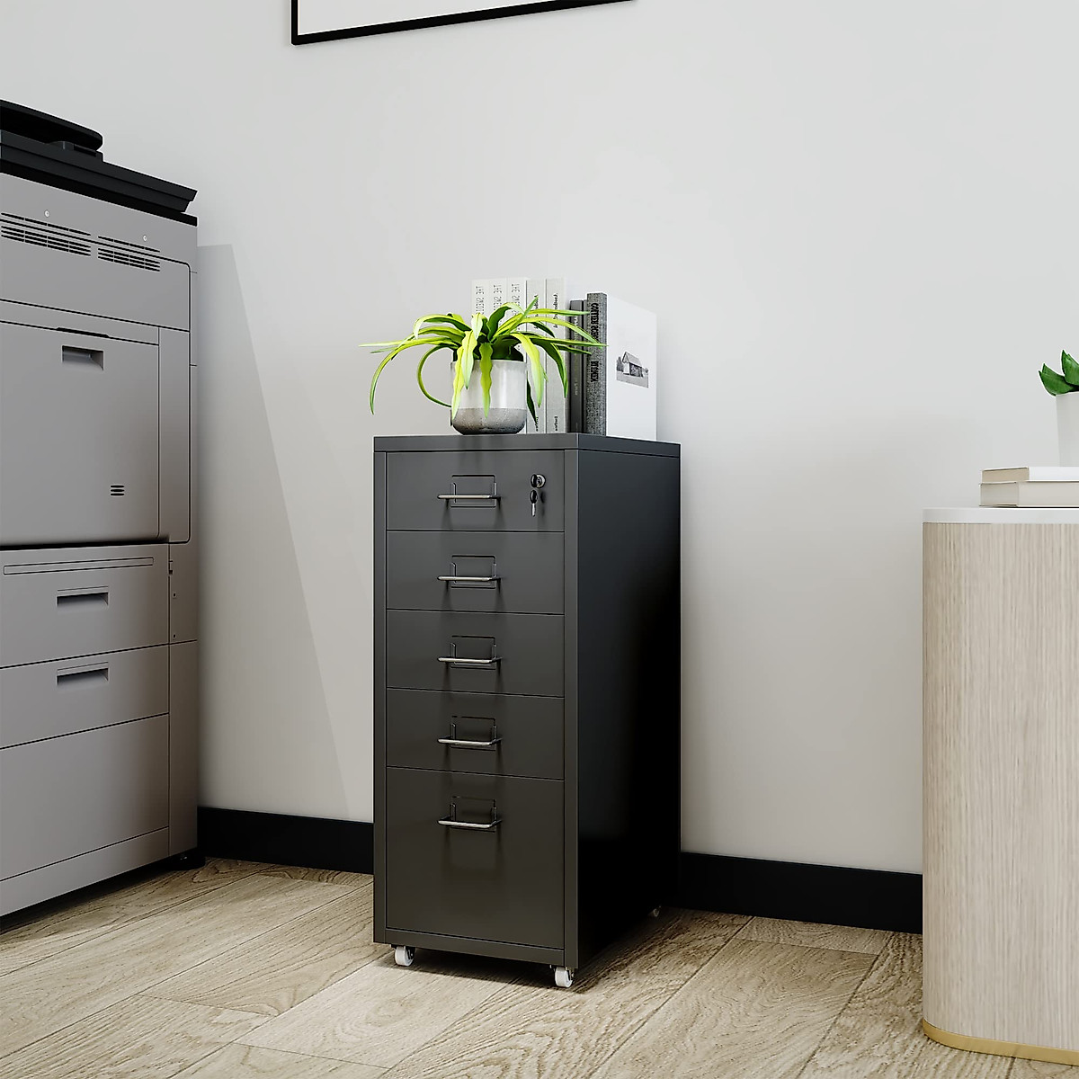 Mobile Storage Cabinet with 5 Drawers, Thickened Metal Storage Cabinet with Casters and Lock, Small Classification Storage Cabinet for Home Office and School, Black…
